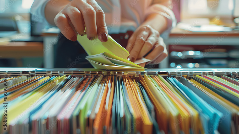 Paralegal organizing files in cabinet with labeled folders Stock Photo ...