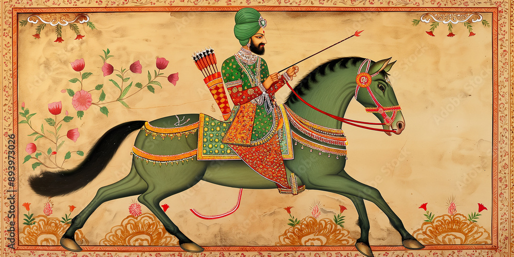 Indian mughal emperor riding a horse with bow and arrows in traditional ...