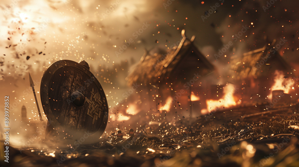 medieval battlefield with shields, weapons and viking huts of a village ...