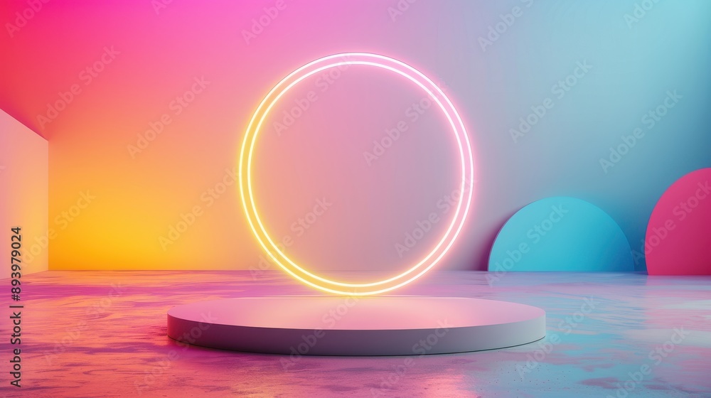 Minimal style product on a podium stand, 3D render, circular neon glow ...