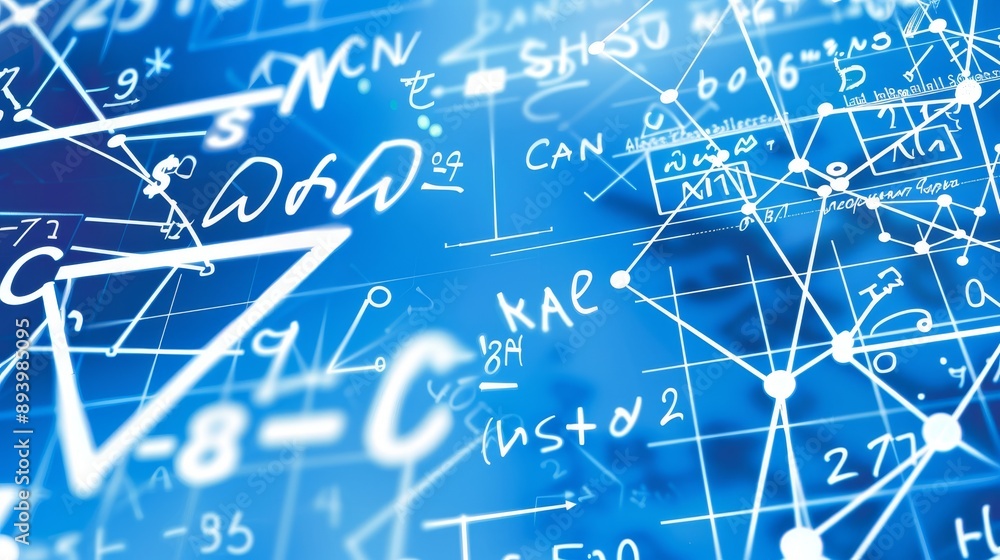 A blue background with math equations and symbols. The equations are ...
