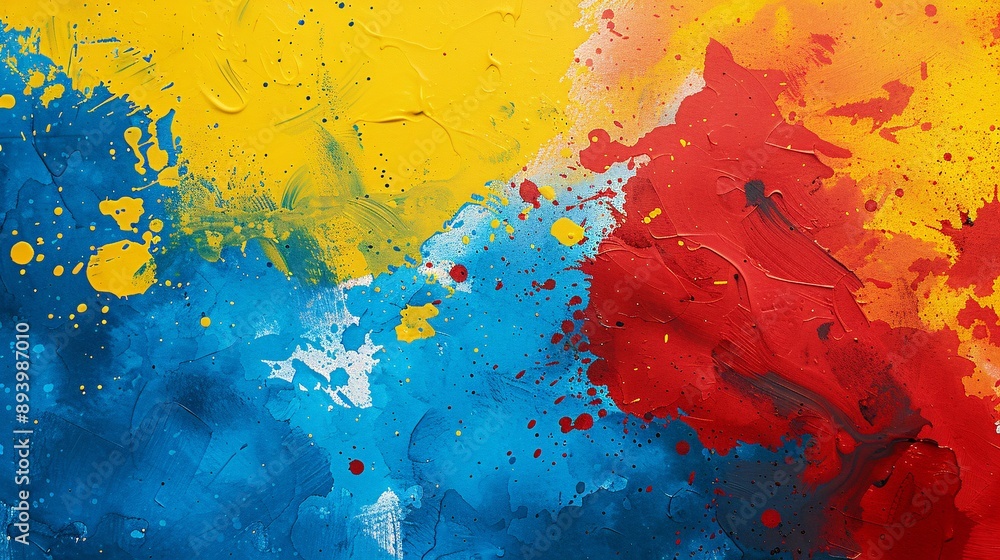 A playful and abstract wash of bright primary colors blue, red, and ...