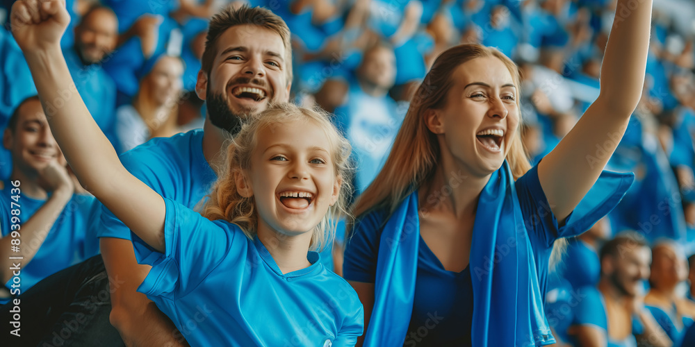 Excited sports fans wearing blue and white clothes celebrating the ...