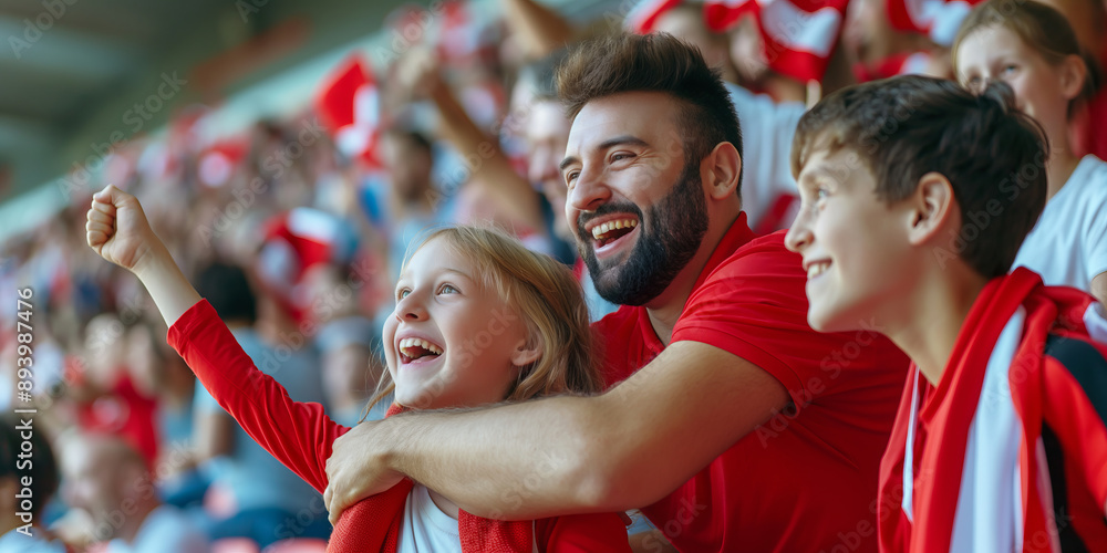 Excited sports fans wearing red and white clothes celebrating the ...