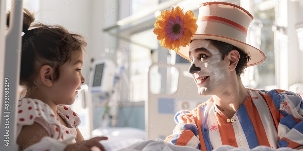 Young volunteer dressed as clown doctor visiting sick child in a ...