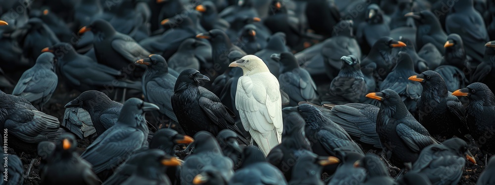 Uncommon sight - a white crow in a flock of black crows, illustrating ...
