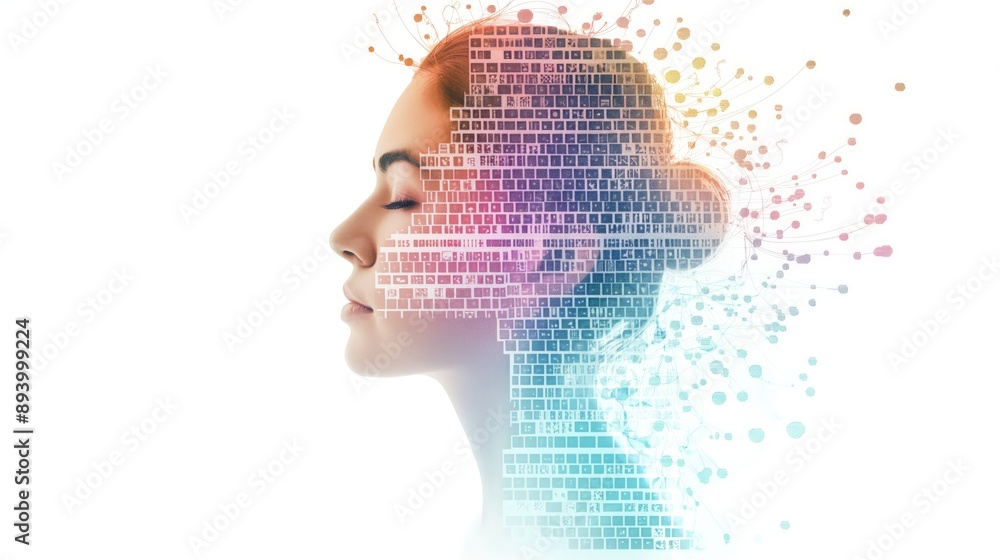 Artificial Intelligence Large Language Model (LLM). Female head with human face matrix digital ...
