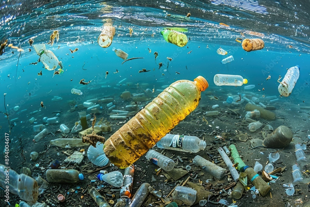 Plastic bottles litter ocean floor. This image highlights the ...