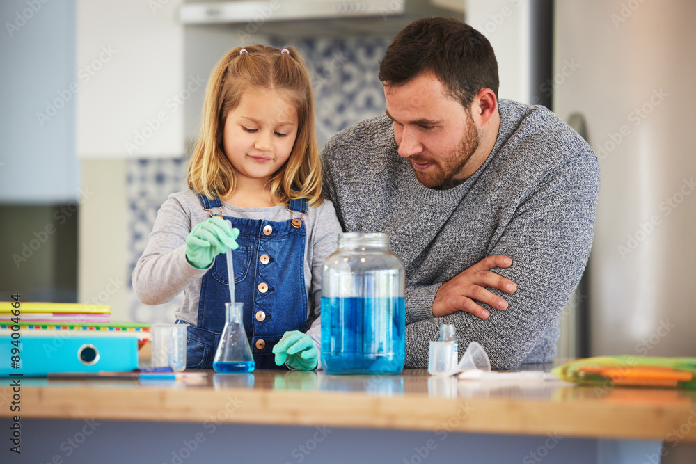Education, girl and dad in home with chemistry or chemical experiment ...