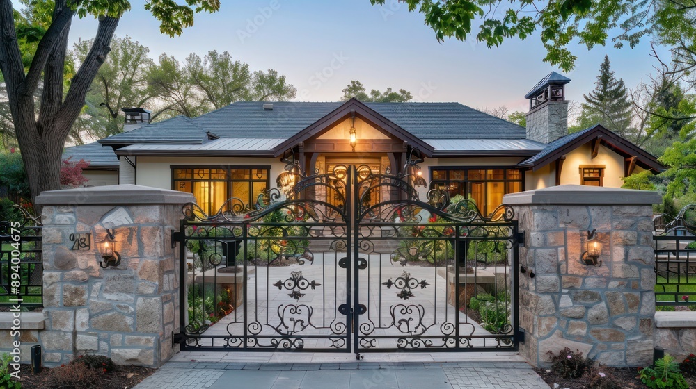 Craftsman style home front view, the entrance marked by a vintage-style ...