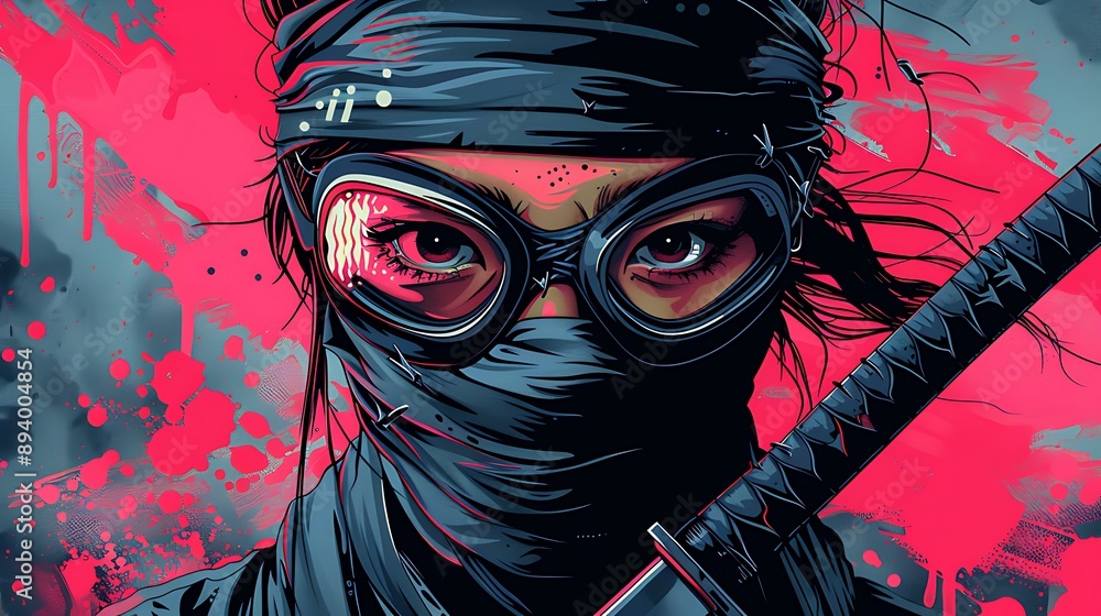 cartoon illustration of a female ninja hold katana blade with pink ...
