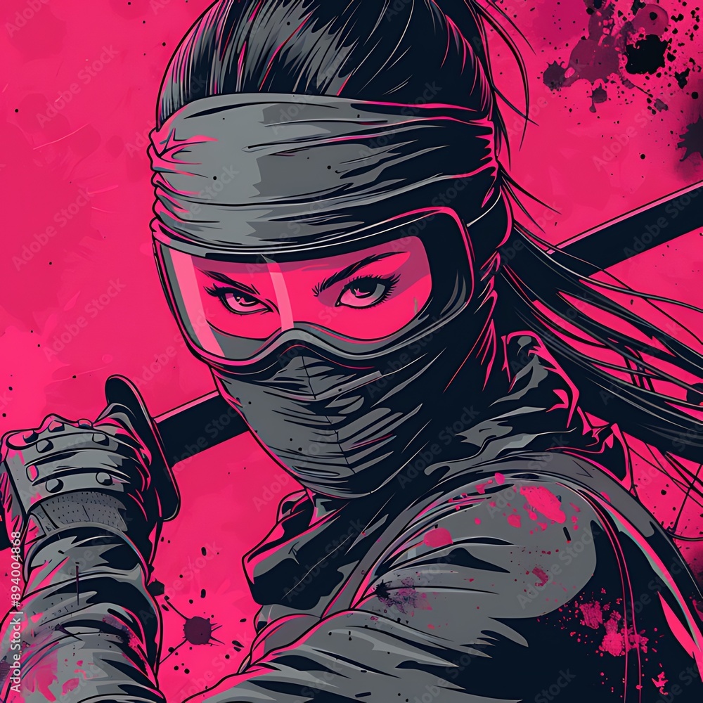 cartoon illustration of a female ninja hold katana blade with pink ...