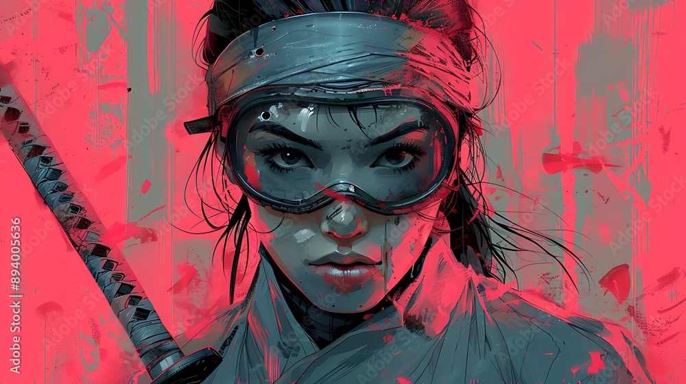 cartoon illustration of a female ninja hold katana blade with pink ...