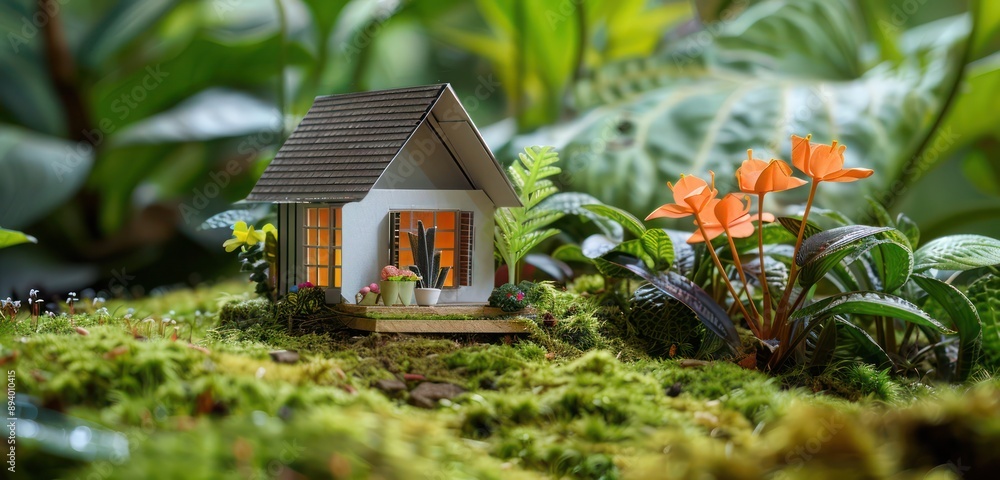 Miniature eco-friendly paper house set in a lush mossy garden ...