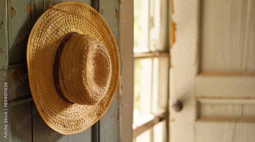 Straw hat in an Amish style draped on a hook in a mudroom of a colonial ...
