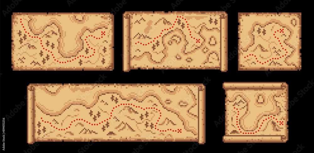 Pixel map paper scrolls, vector travel or pirate game UI assets. Pixel ...