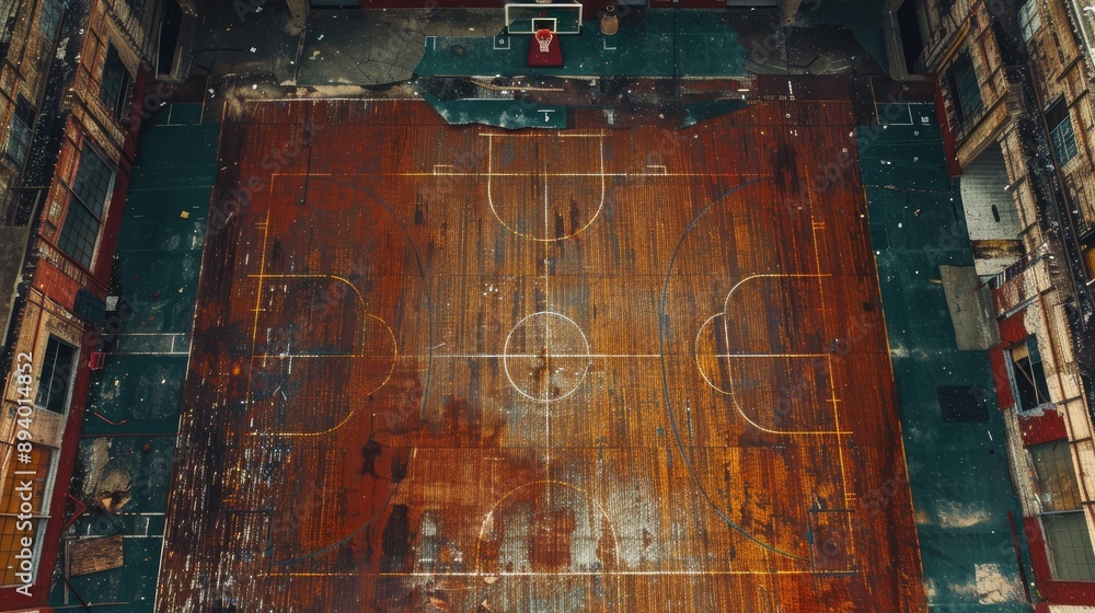 An abandoned basketball court with worn paint. This photo shows the ...