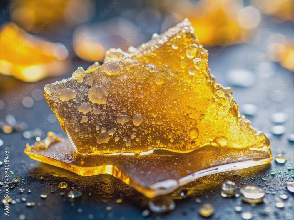 Crystalline cannabis concentrate shatter on a glass surface, with a ...