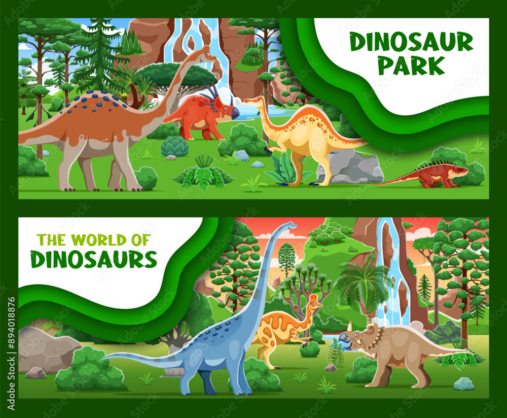 Dinosaurs park paper cut banners. Vector horizontal cards depict a lush ...