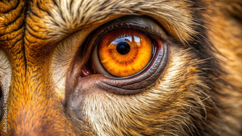 Intense brown monkey eye with thick eyelashes and wrinkled facial skin ...