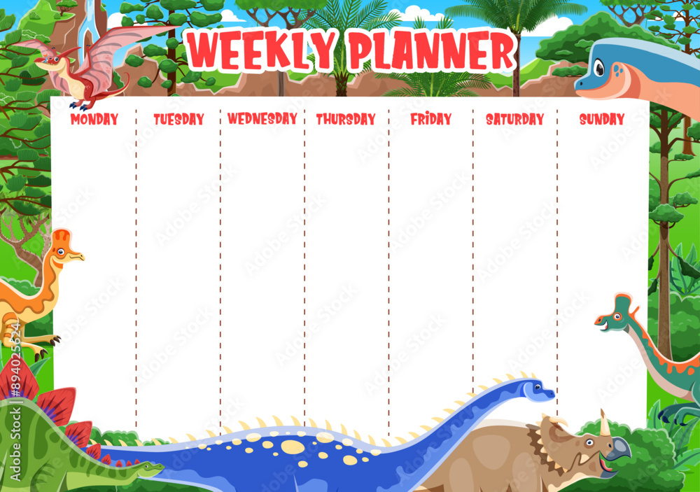 Weekly planner schedule, cartoon dinosaurs. Vector education timetable ...