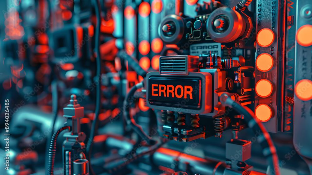 Error concept image with a machine showing a bright red error message ...