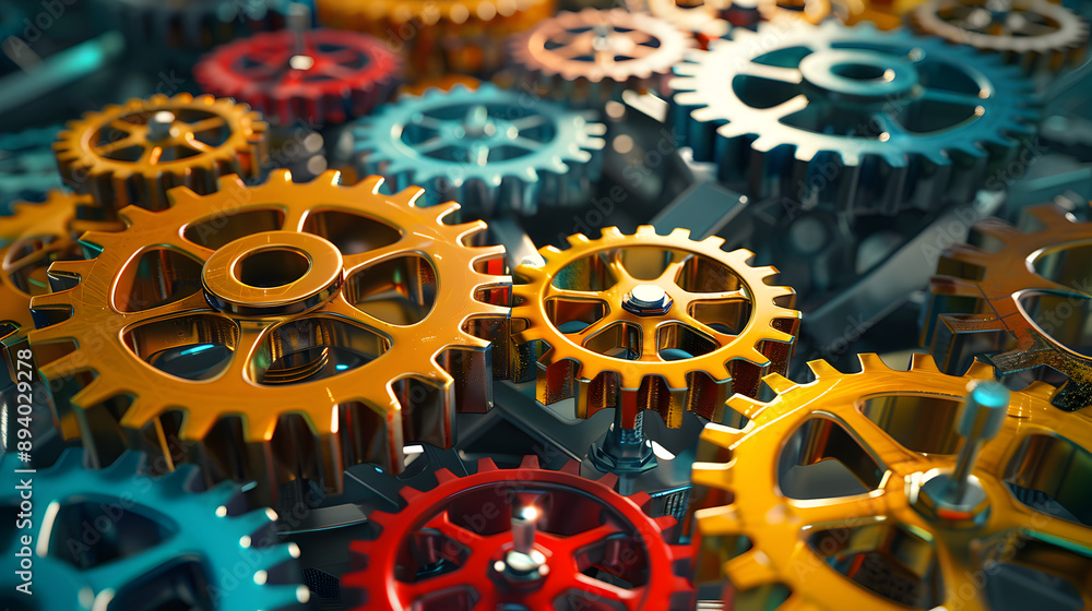 A close up of many different colored gears. The gears are all different ...