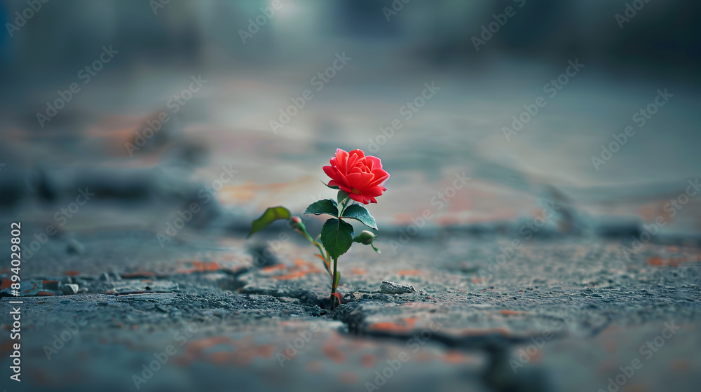 A small red rose is growing out of a crack in the pavement. Concept of ...