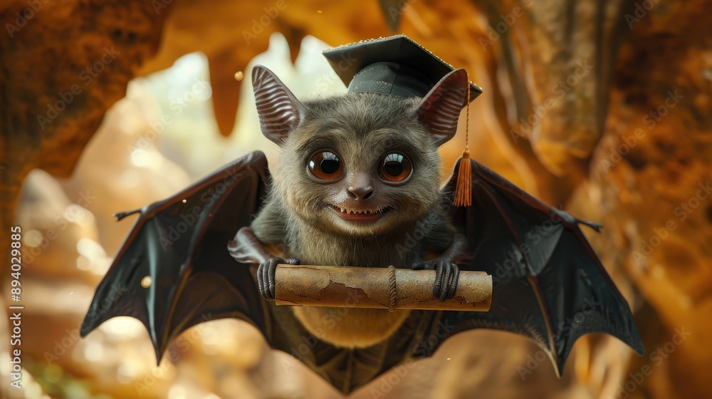 A cute bat character with a graduation cap, holding a scroll, set in a ...