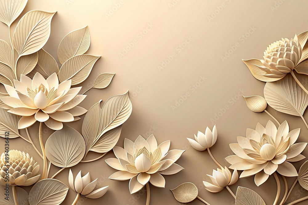 Lotus blooms and leaves in beige color scheme with Kirigami technique ...
