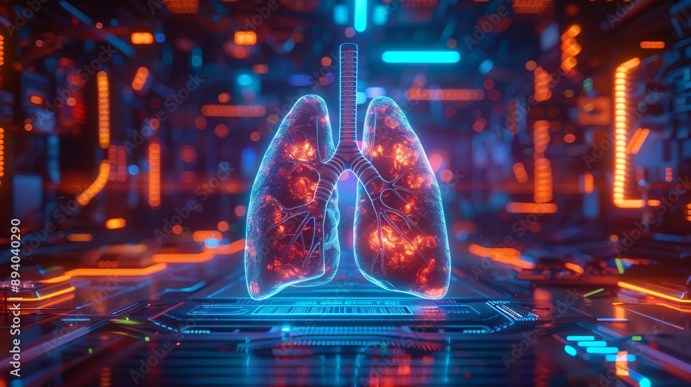 3D holographic representation of a lung illuminated with blue ...