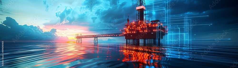 3D visualization of an oil rig illuminated with blue technology ...