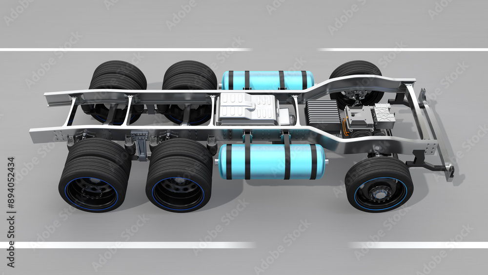 Side view of FCV Semi truck chassis moving on the road. Fuel cell ...