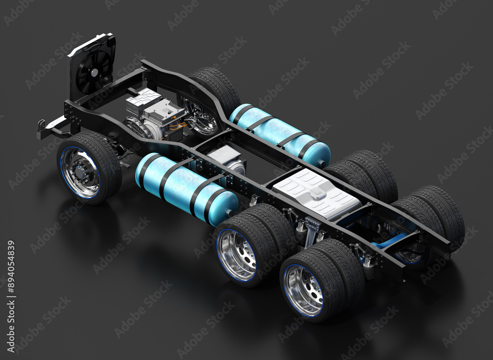 ภาพประกอบสต็อก Isometric view of FCV Semi truck chassis on black ...