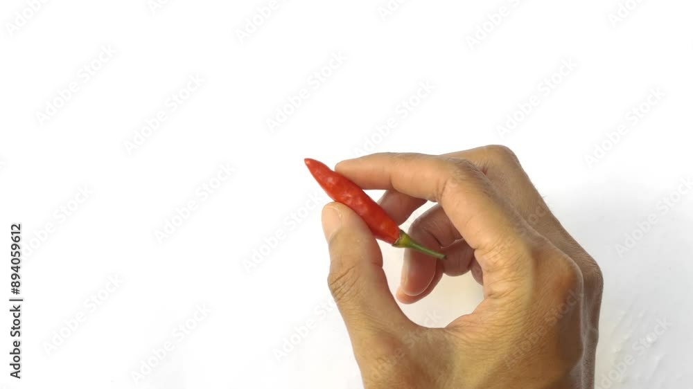 Hands holding lombok rawit, or cabe rawit, or bird eye chili, a small ...