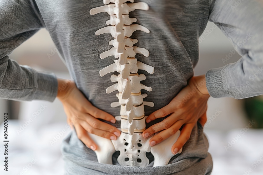 a person holding their lower back, suggesting discomfort or pain. A ...