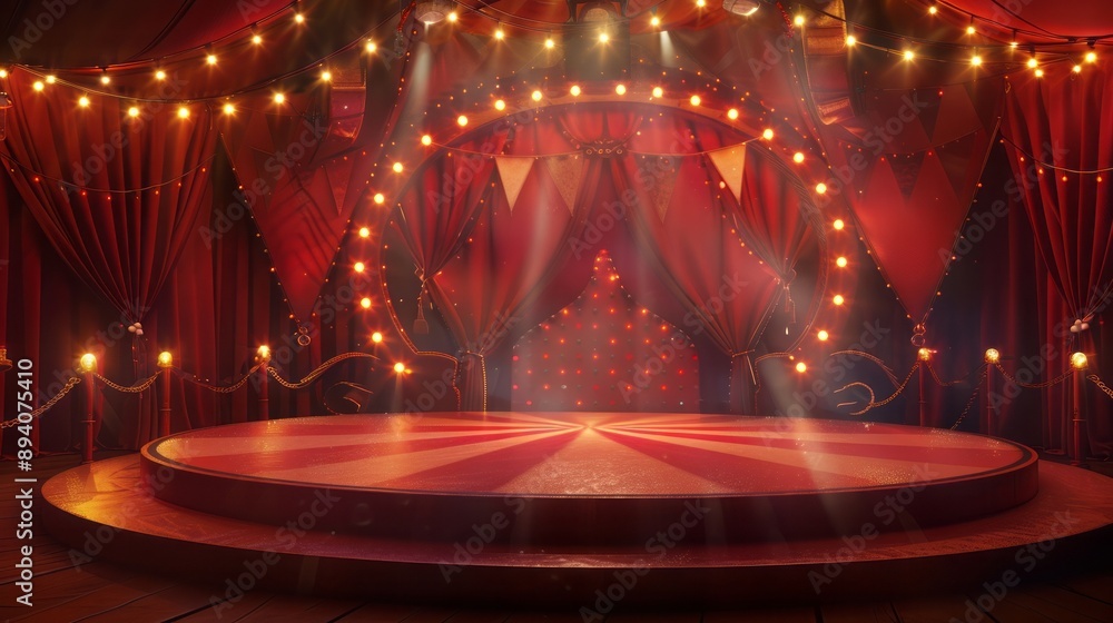 Circus stage podium background 3D carnival light red show curtain ...