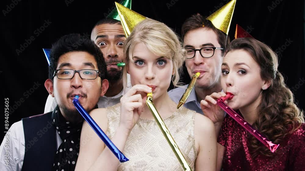 Party, birthday and portrait of friends in a studio for celebration ...