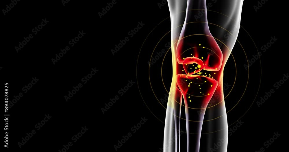 Xray, knee and joint pain with red glow for stem cell therapy, torn ...