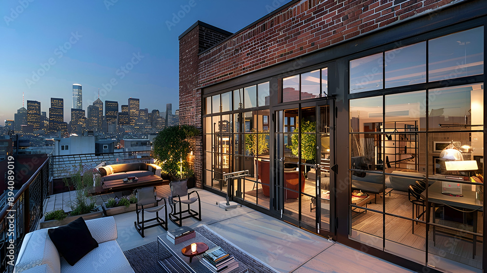 Urban loft exterior with industrial brick walls, large steel-framed ...