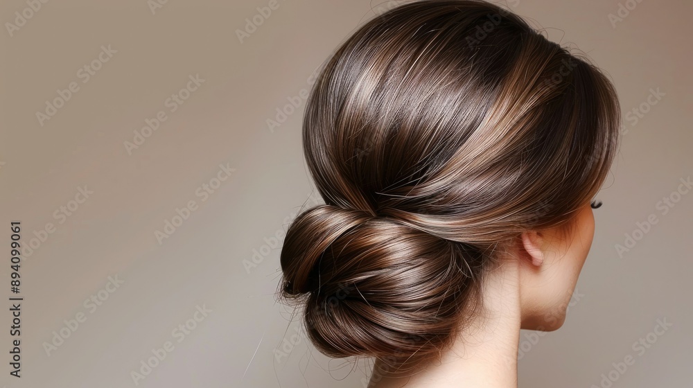 Elegant chignon hairstyle for women with smooth, twisted hair at the ...