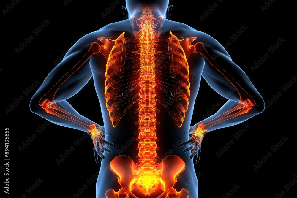 Wide aspect ratio image shows a person holding their lower back ...
