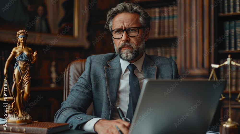Handsome Lawyer at a Desk with Laptop, Suit and Tie, Gavel, and Justice ...