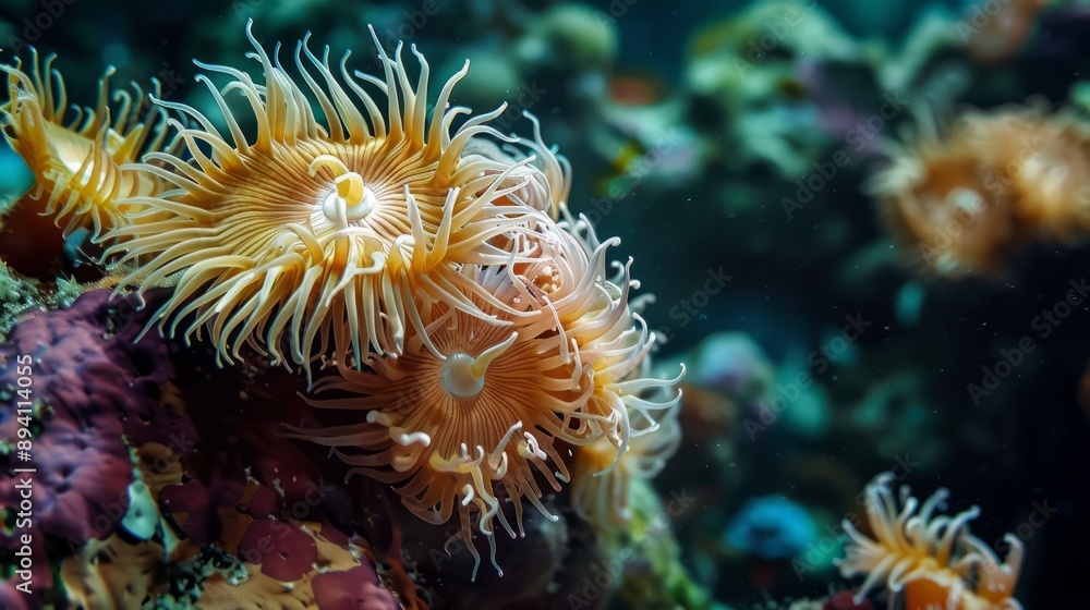 Underwater close-up of vibrant anemone actinia with detailed texture on ...