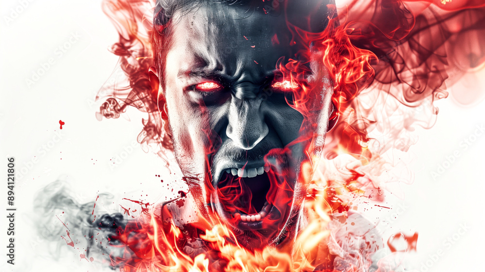 Angry leader with fiery red flames double exposure effect intense and ...