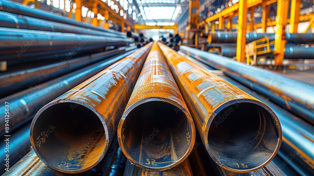 Neatly Stacked Steel Pipes in Warehouse. Rows of neatly stacked steel ...
