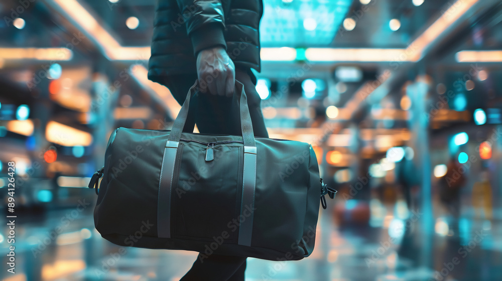 Person holding a black duffel bag in a brightly lit modern airport ...