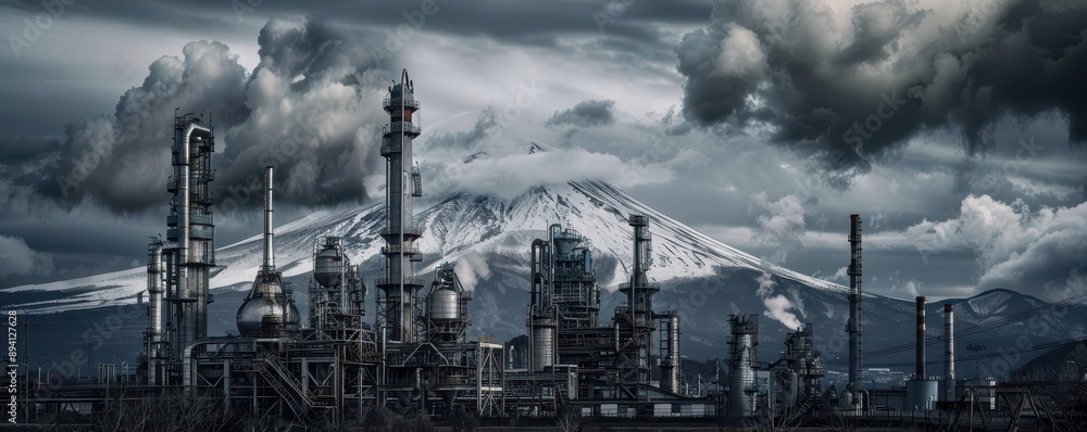 Gothic factory on Mount Fuji, dark spires and ornate details ...