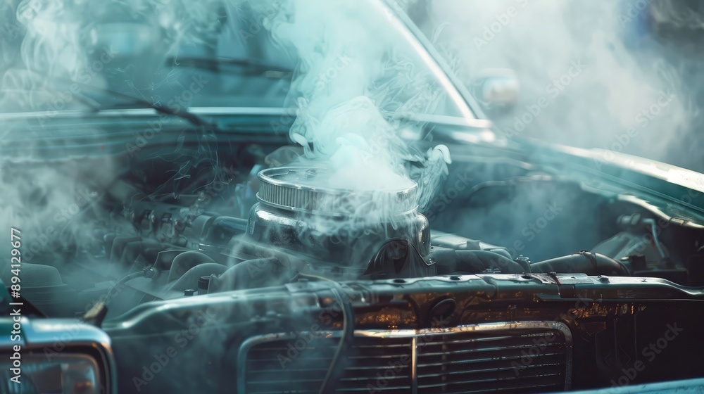 Smoke comes out of the hood of the car because the car engine is ...