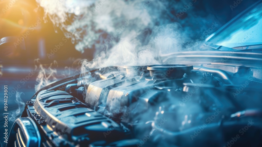 Smoke comes out of the hood of the car because the car engine is ...